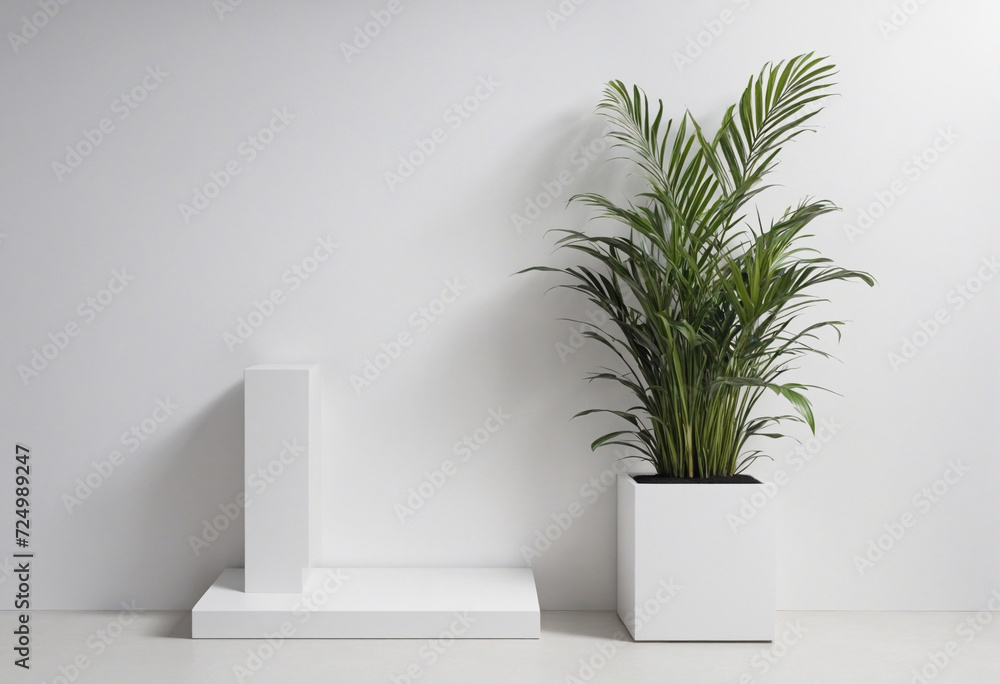 White rectangular platform pedestal podium and potted plant near white ...