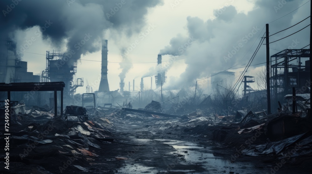 Air pollution from destroyed factories. Post-apocalypse concept Stock ...
