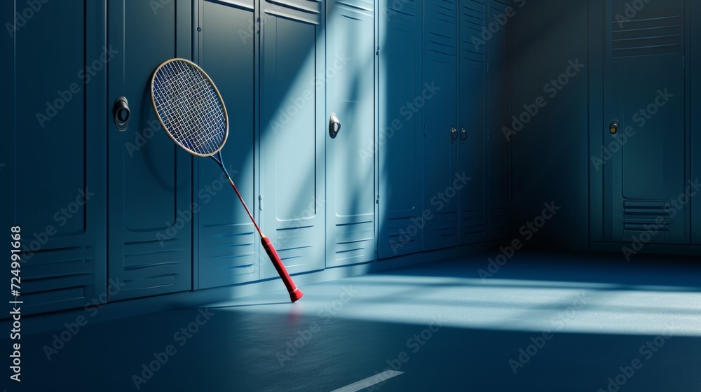 Badminton racket leaning against blue lockers in a sports facility ...