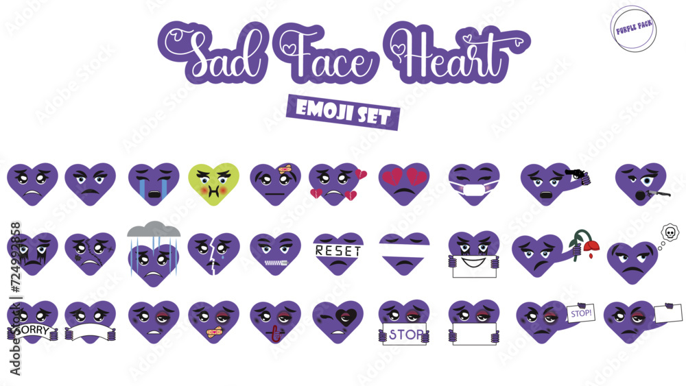 Purple heart collection isolated on white background. Set of emoji sad ...