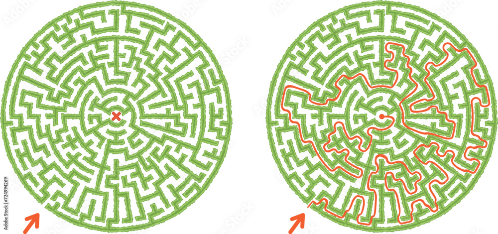 Green round hedge maze vector Illustration. Top view of the open air ...