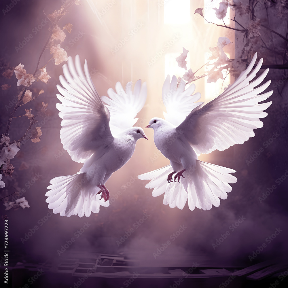 Two beautiful white doves in flight, facing each other, lilac purple ...