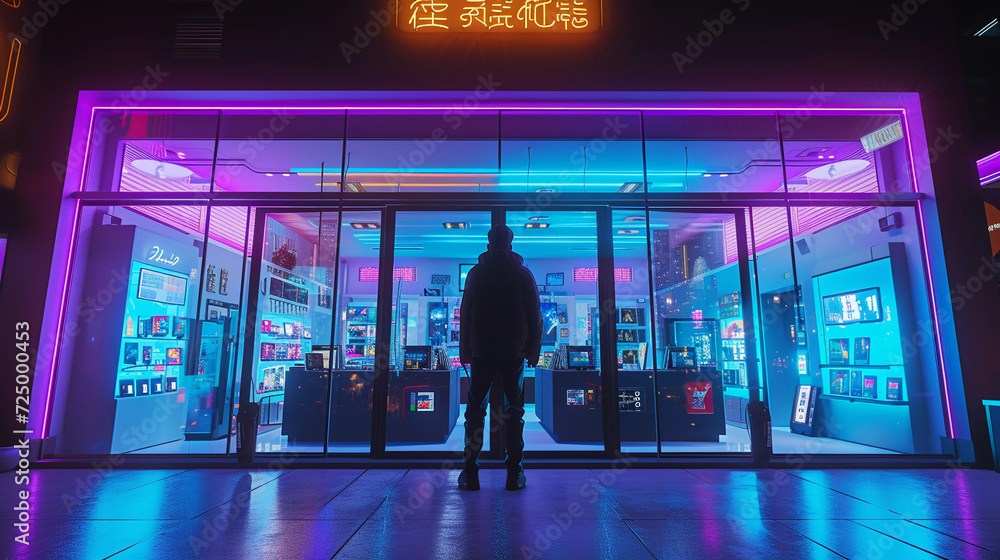 customer standing in front of a sleek, high-tech electronics store ...