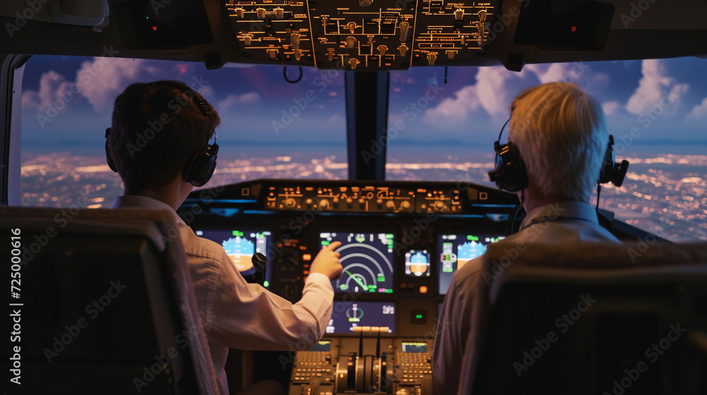 seasoned pilot mentor teaching a young trainee in a flight simulator ...