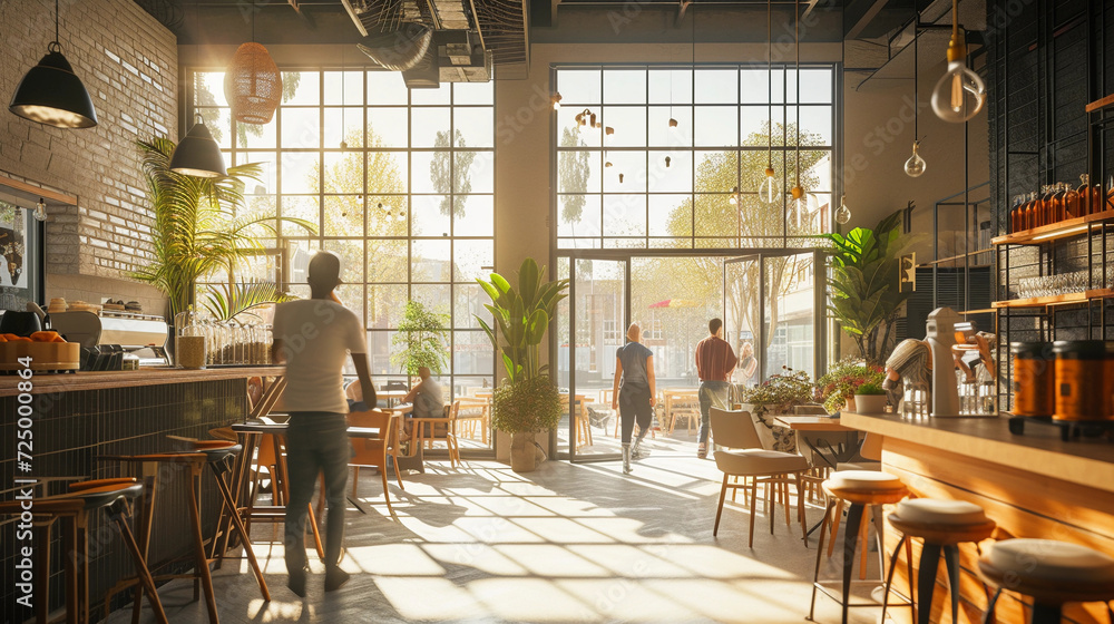 customer entering a modern, bustling café, sunlight streaming through ...