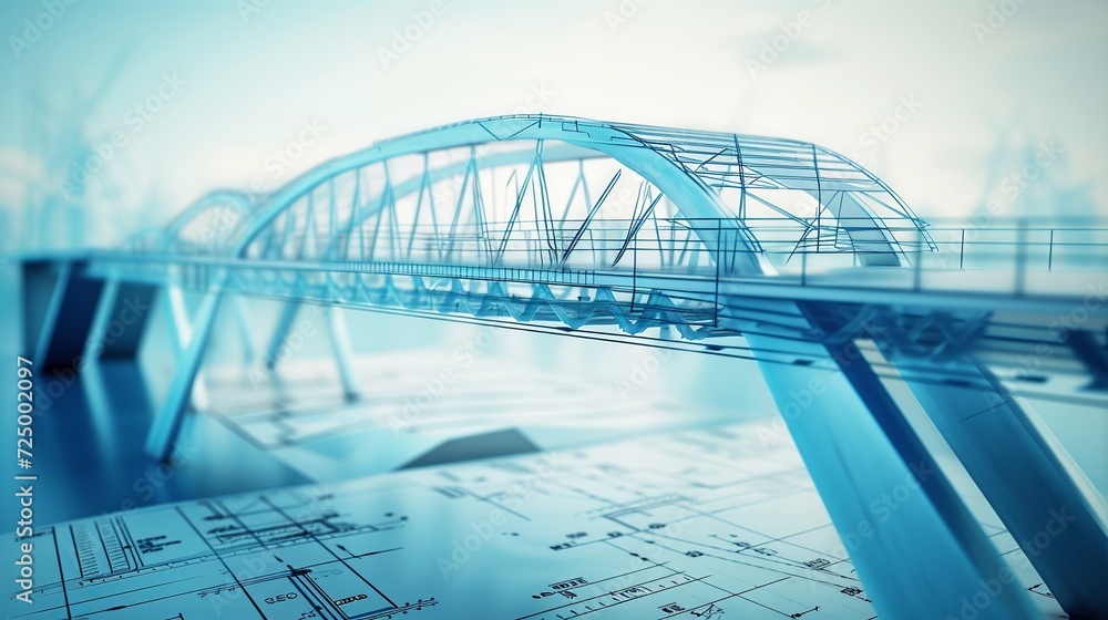 vision of architecture of a 3d model bridge project with blueprint ...