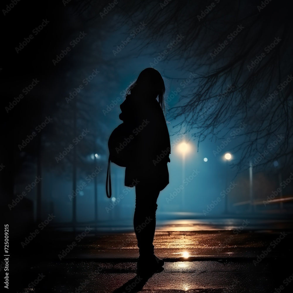 Silhouette of a young women walking home alone at night , scared of ...