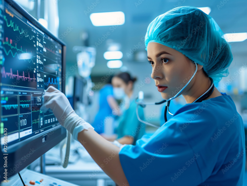 Focused nurse monitoring critical patient vital signs on a medical ...