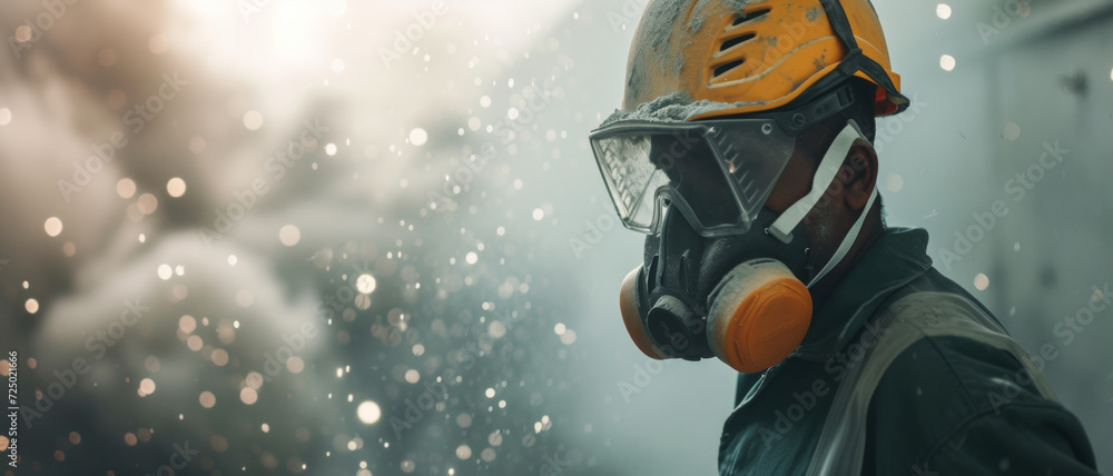 A worker clad in safety gear braves a dusty environment, a gritty scene ...