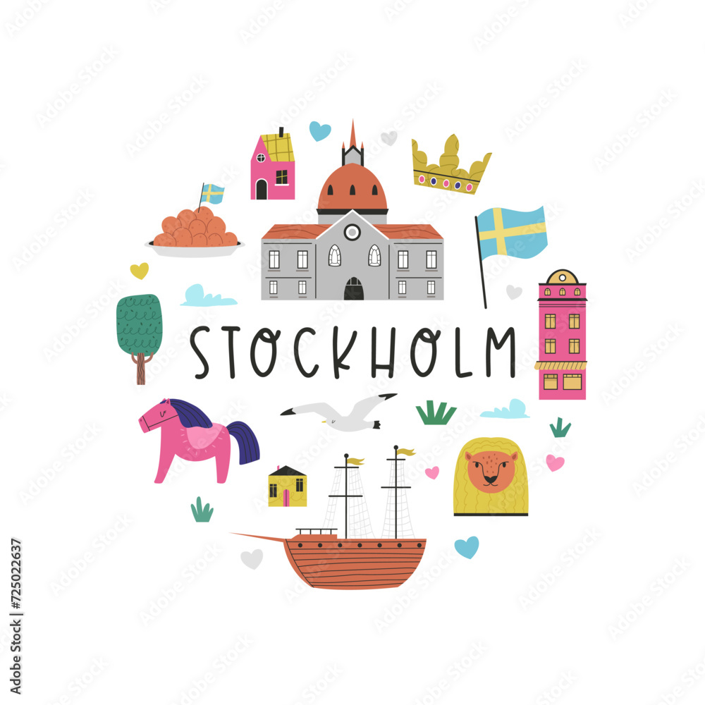 Colorful image, frame art, circle design with animals, landmarks ...