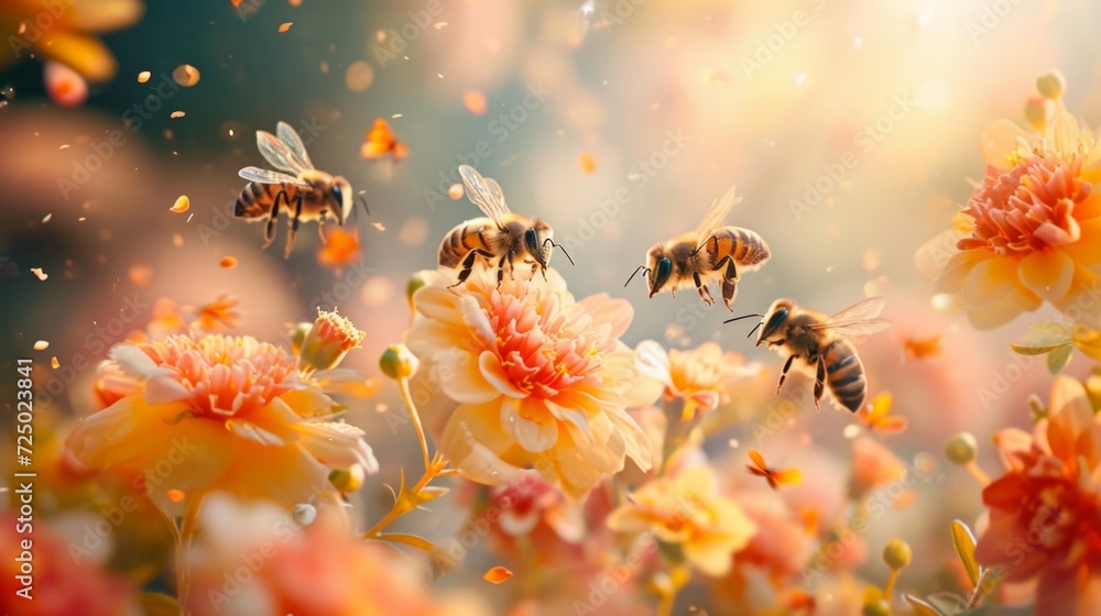 Bees engaging in a dance with flowers, collecting nectar, bees and ...