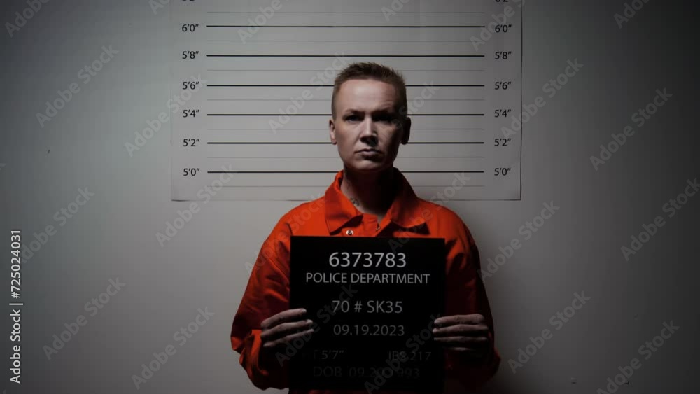 Female suspect in orange jail uniform walking in room, holding sign ...