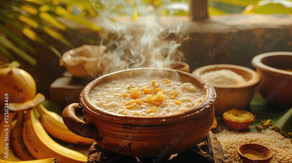 A rustic kitchen scene during Pongal where a terracotta pot overflows ...