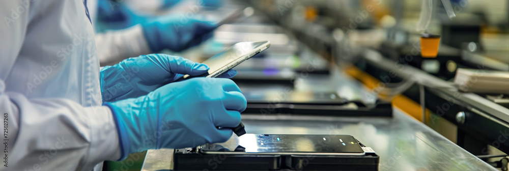 Mobile phone assembly factory, assembly lines with workers handling ...
