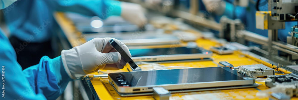 Mobile phone assembly factory, assembly lines with workers handling ...