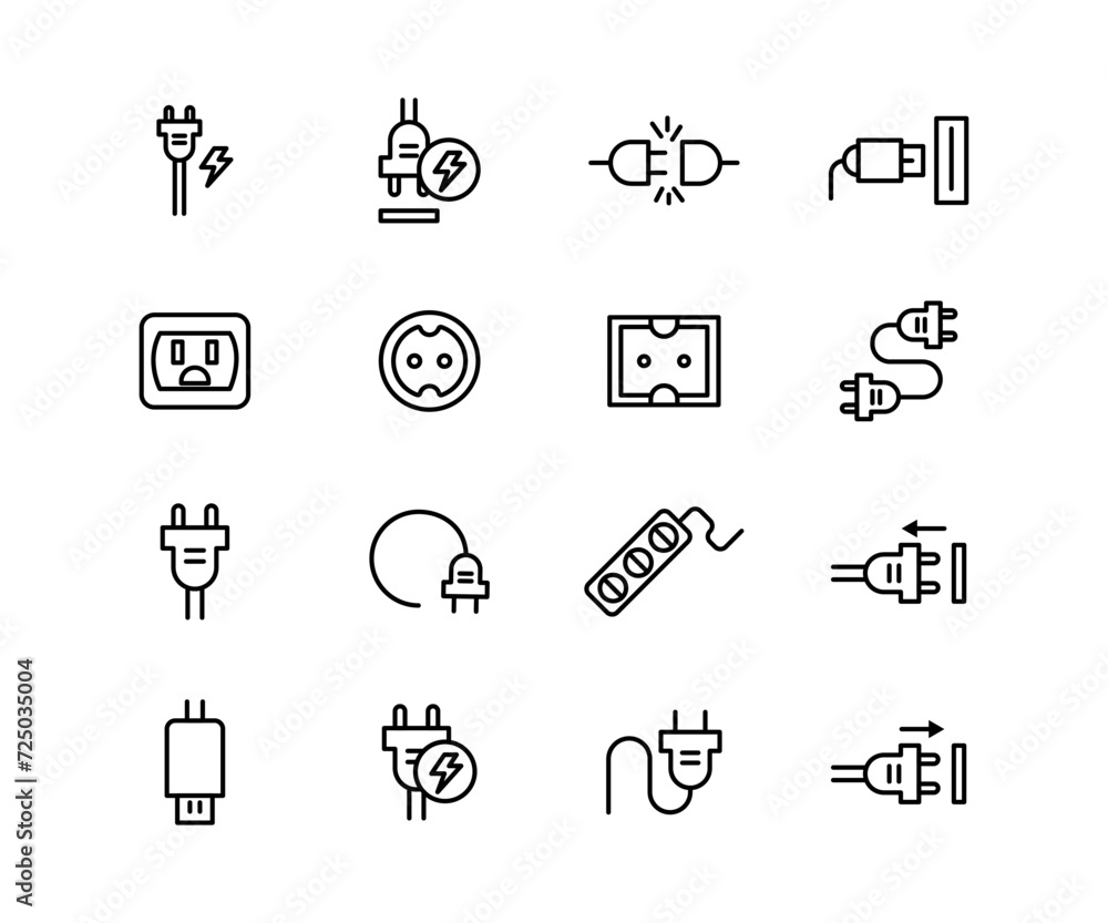 Vector black line icon set plug connection. Symbol cable technology ...