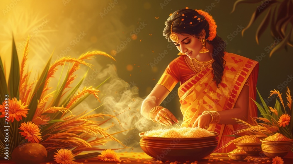 essence of the Pongal festival with a woman in a traditional silk saree ...
