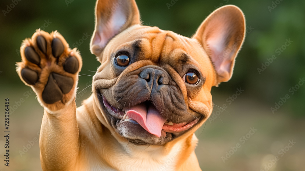 French bulldog giving a paw looking up like a model. Outdoor background ...