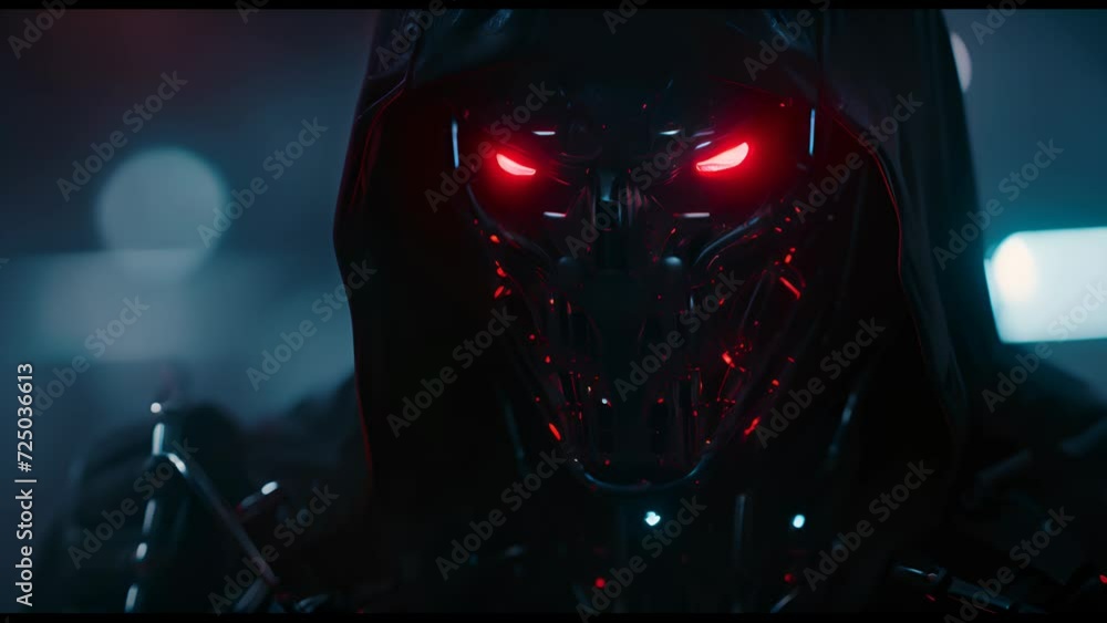 Evil skeleton robot in metal armor. Skull of futuristic evil cyborg in ...