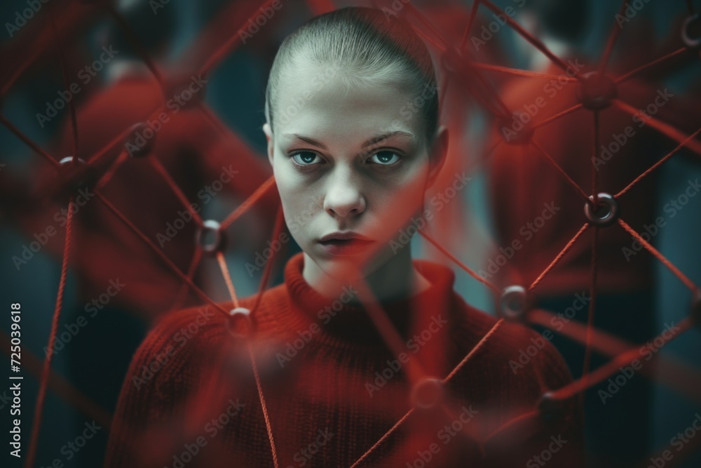 A woman wearing a red sweater stands confidently in front of a wire ...
