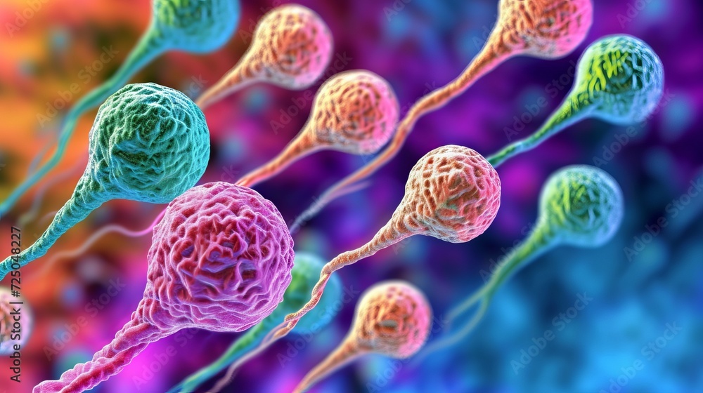 High magnification view of male sperm cells under a microscope with ...