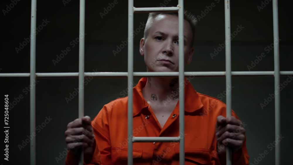 Portrait of sad female inmate with short haircut and tattoos standing ...