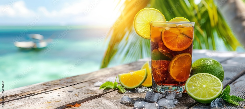 Tropical long island iced tea cocktail with blurred beach background ...
