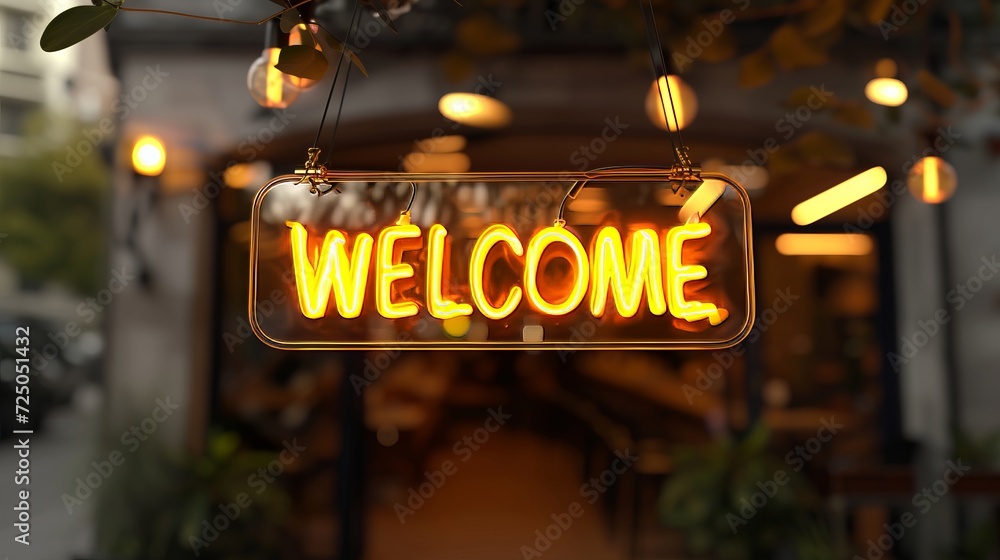 Glowing welcome icon as an interactive holographic display in the air ...