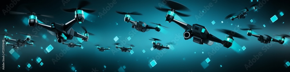 Banner background. Random pattern of drones flying through surreal ...