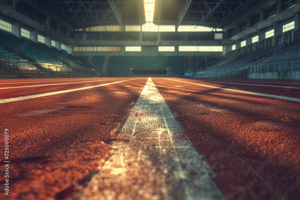 Perspective view of an empty running track with white lane markers ...