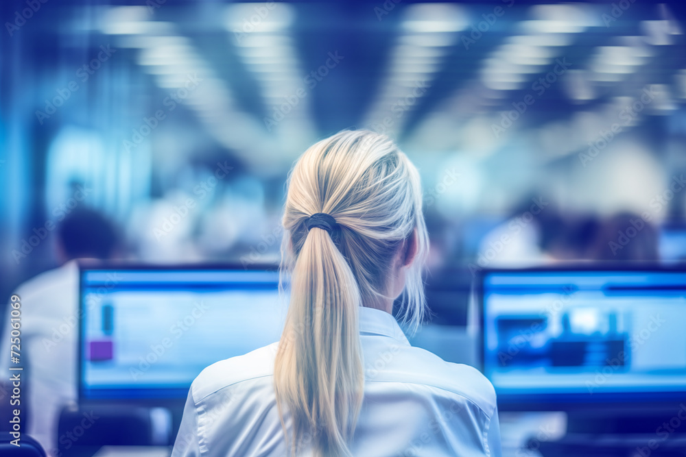 Blonde woman working behind a desk looking at two computer monitors in ...
