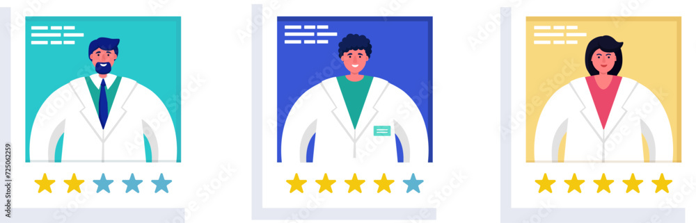 Doctor rating review cards, one male and two, different ethnicity, with ...