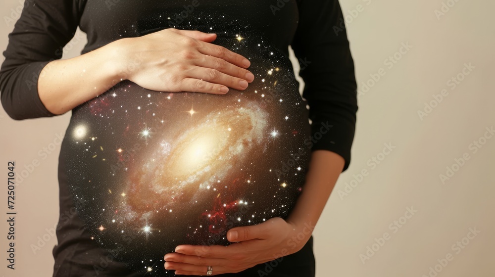 Pregnant woman with a cosmic nebula overlay on her belly, double ...