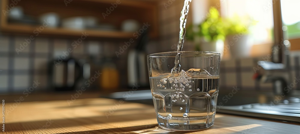 Clear water pouring from kitchen tap into glass with space for text ...