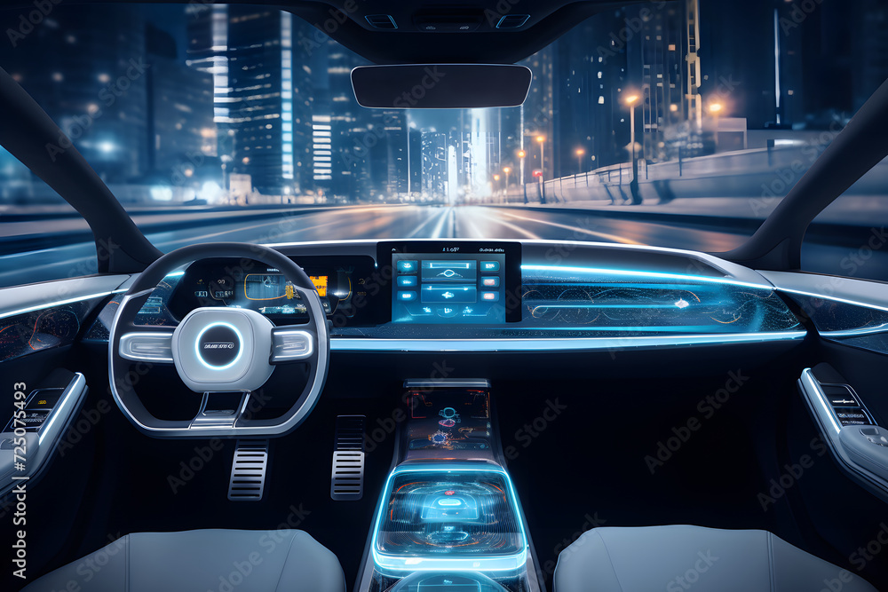 Futuristic autonomous car cockpit with hud screen and ai infotainment ...