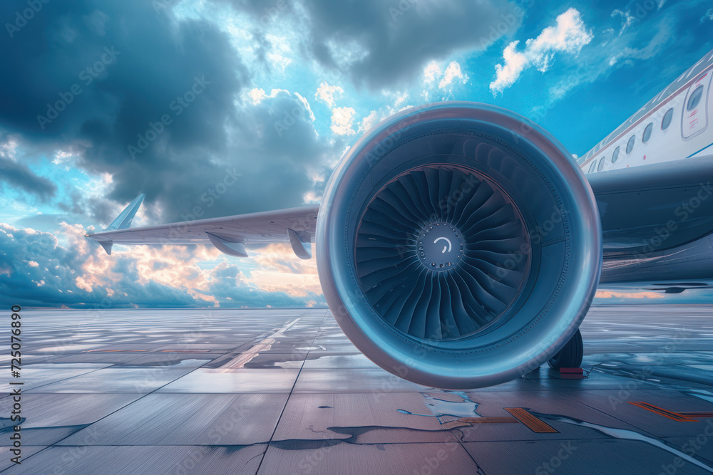 Aircraft jet engine close-up, airplane wing and chassis of landing gear ...