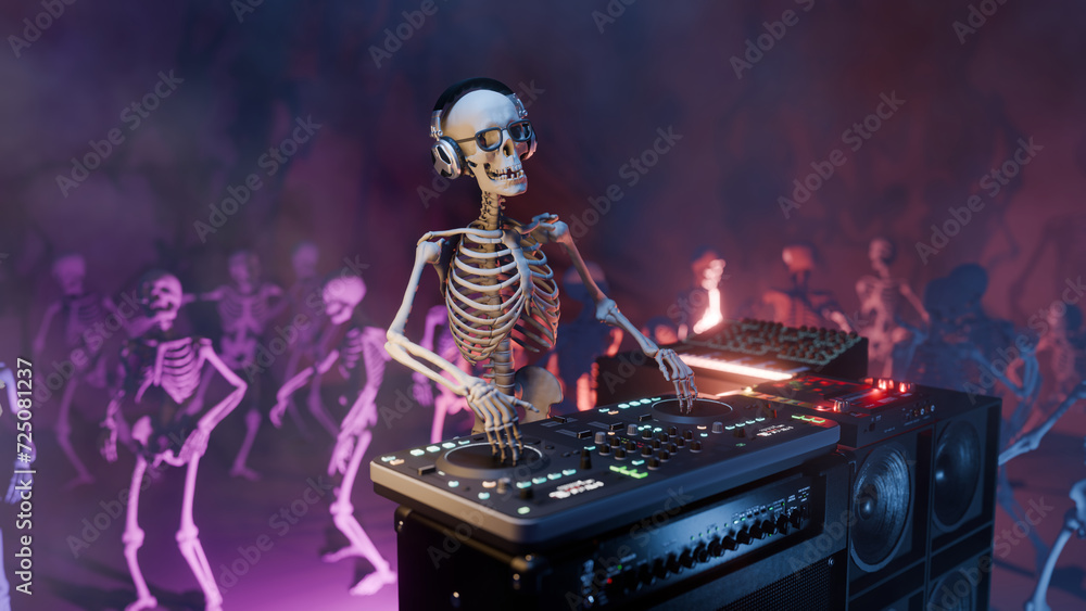 3D rendered illustration of a Skeleton DJ at the mixing console ...