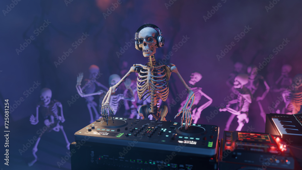 3D rendered illustration of a Skeleton DJ at the mixing console ...