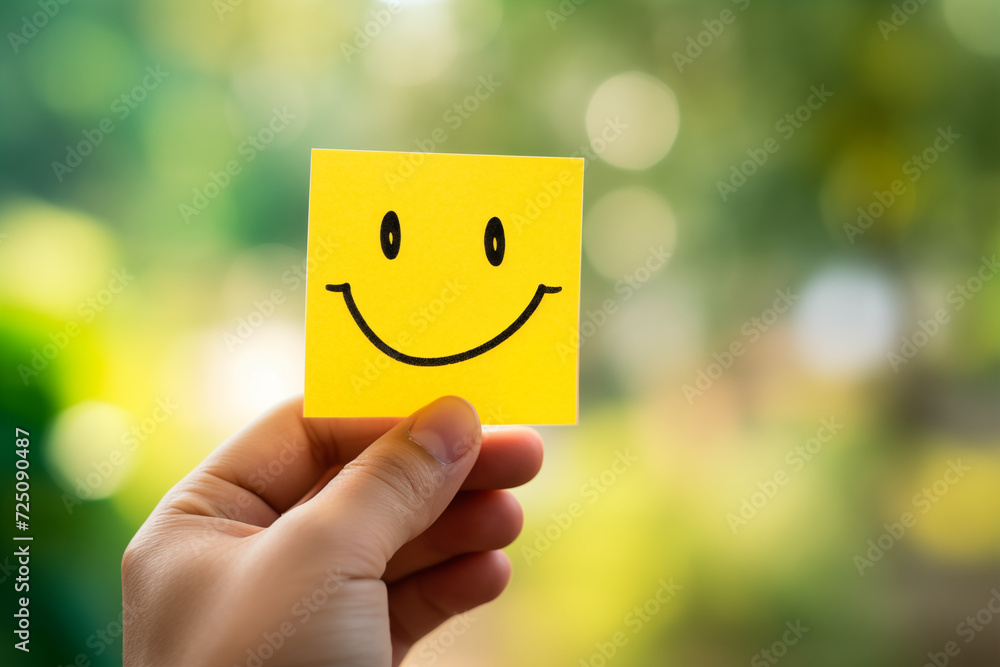 Hand Holding a Happy and Positive Face Emotion on a Post It Sticky Note ...
