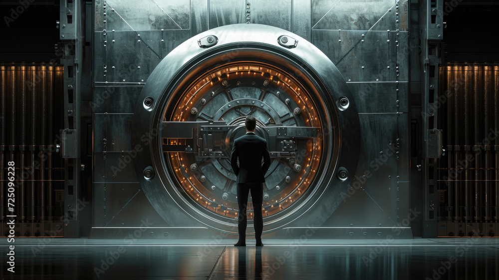 The banker stands in front of the iron door of the vault. Bank vault ...