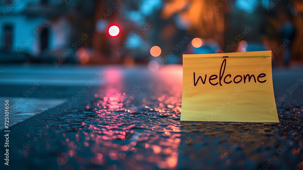 Welcome Note - Close-up photo of a yellow post-it note with the word ...