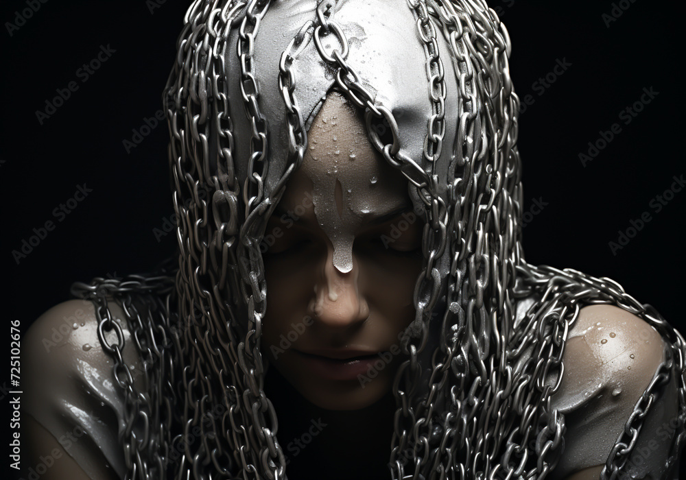 Portrait of person wrapped in metal chains. Mental disease. Symbology ...