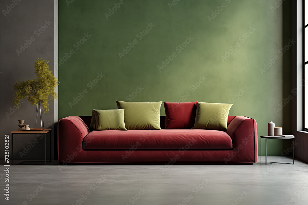 Bordo sofa against wall, modern living room, big window, minimalist ...