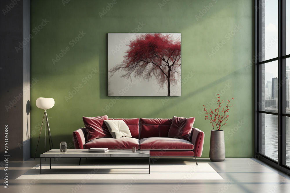 Bordo sofa against wall, modern living room, big window, minimalist ...