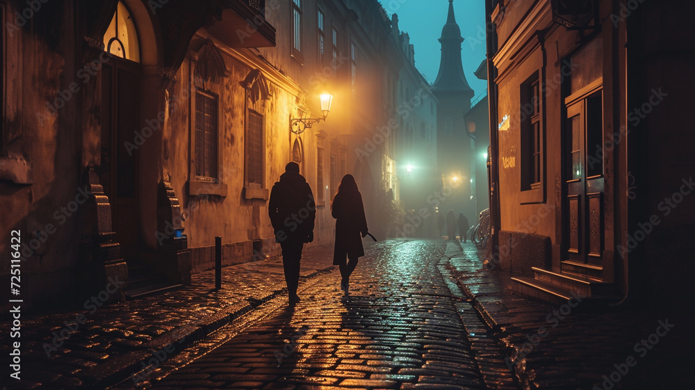 Man following woman in dark street, night, stalking, crime, mugger ...