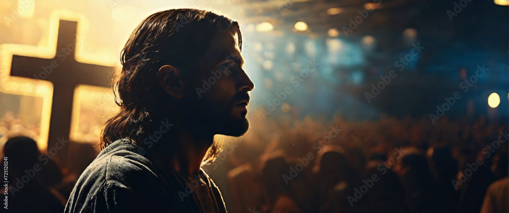 Jesus in a silhouette double exposure. In the background is the Crowd ...