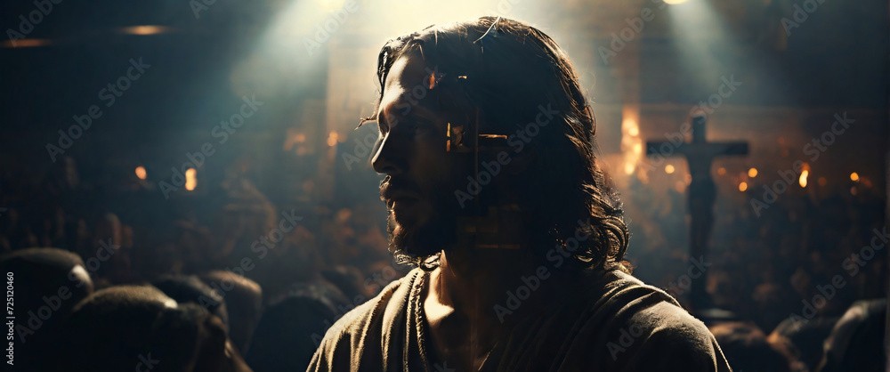 Jesus in a silhouette double exposure. In the background is the Crowd ...