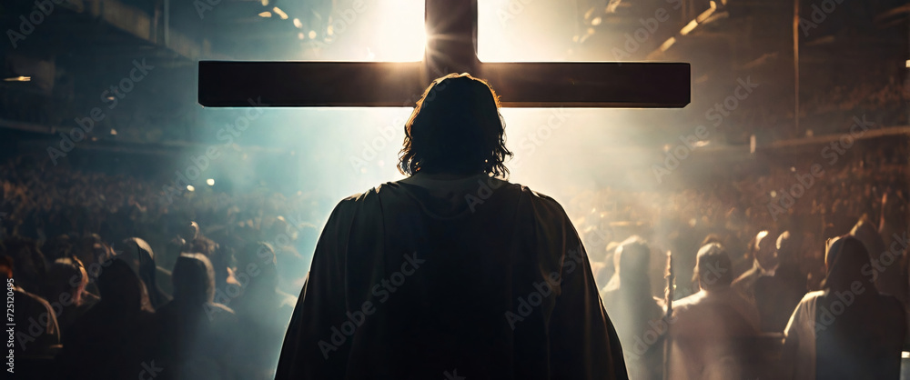 Jesus in a silhouette double exposure. In the background is the Crowd ...