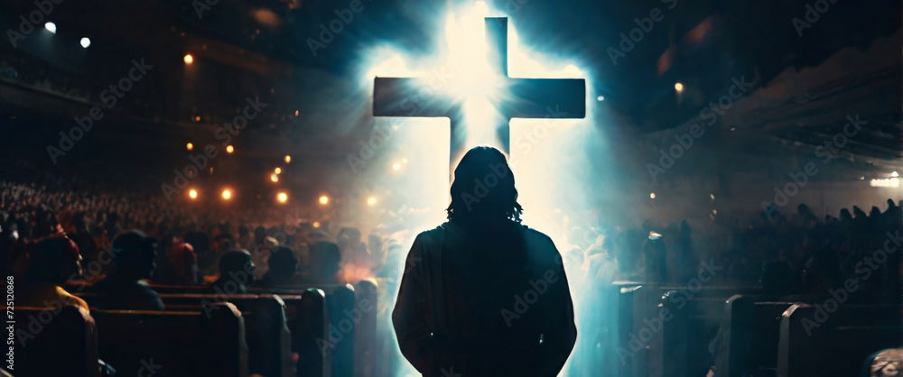 Jesus in a silhouette double exposure. In the background is the Crowd ...