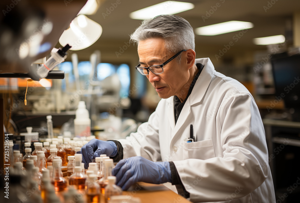 Professor-scientist working in the laboratory. Professor in a white lab ...